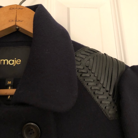 Maje | Jackets & Coats | Maje Gabrielle Navy Pea Coat With Leather Trim ...